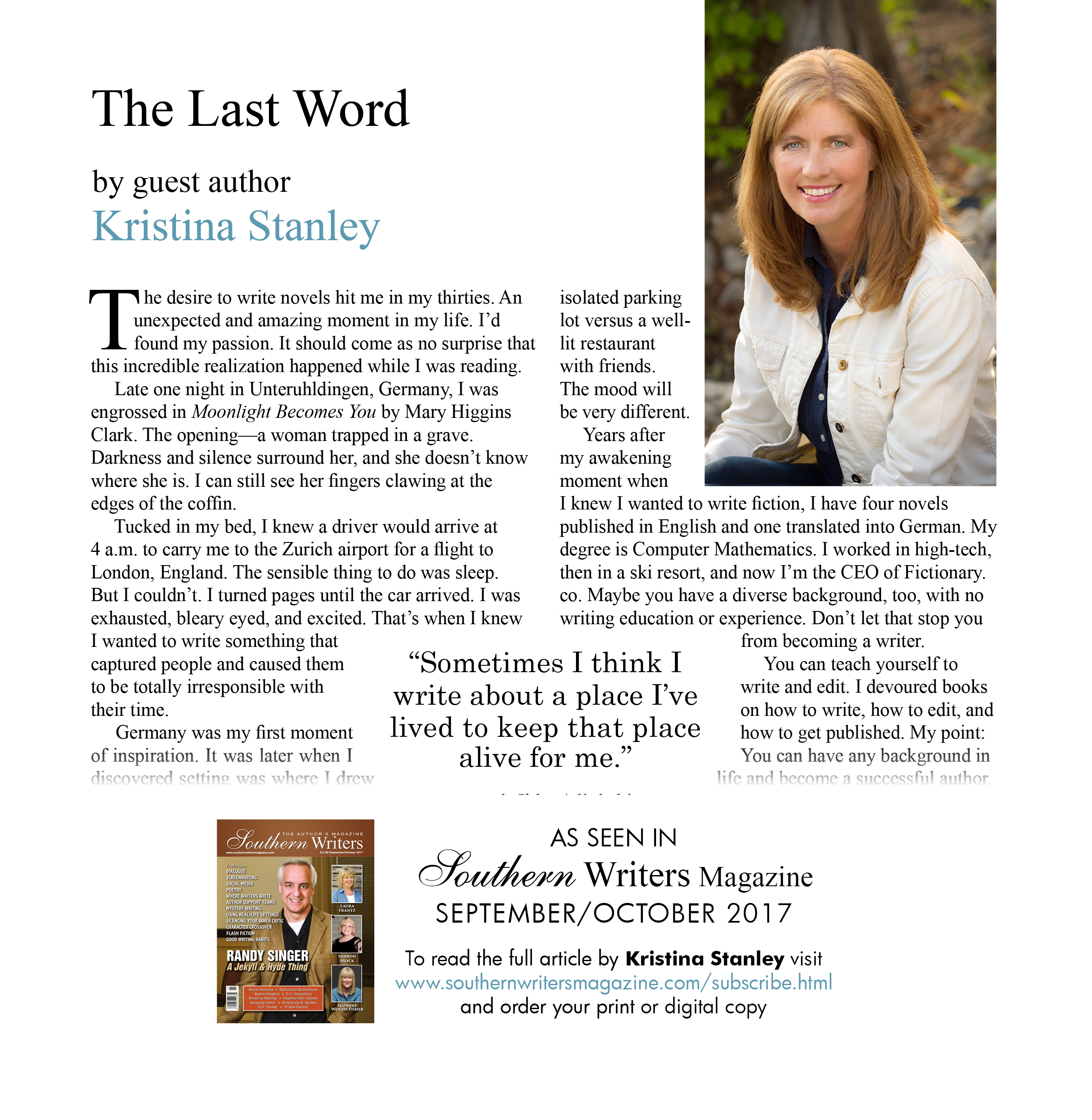 Kristina Stanley has the “Last Word” in Southern Writers Magazine ...